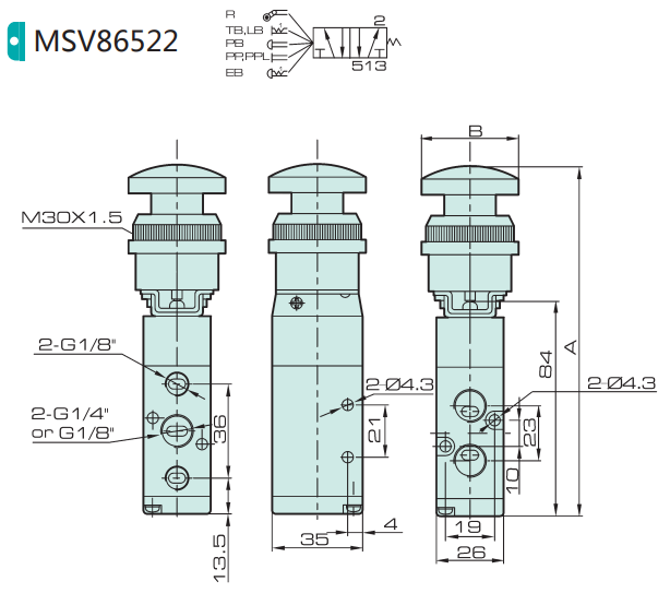 Jelpc MSV86522 Pnömatik Yön Kontrol Valfi 5/2 Mekanik Kontrollü