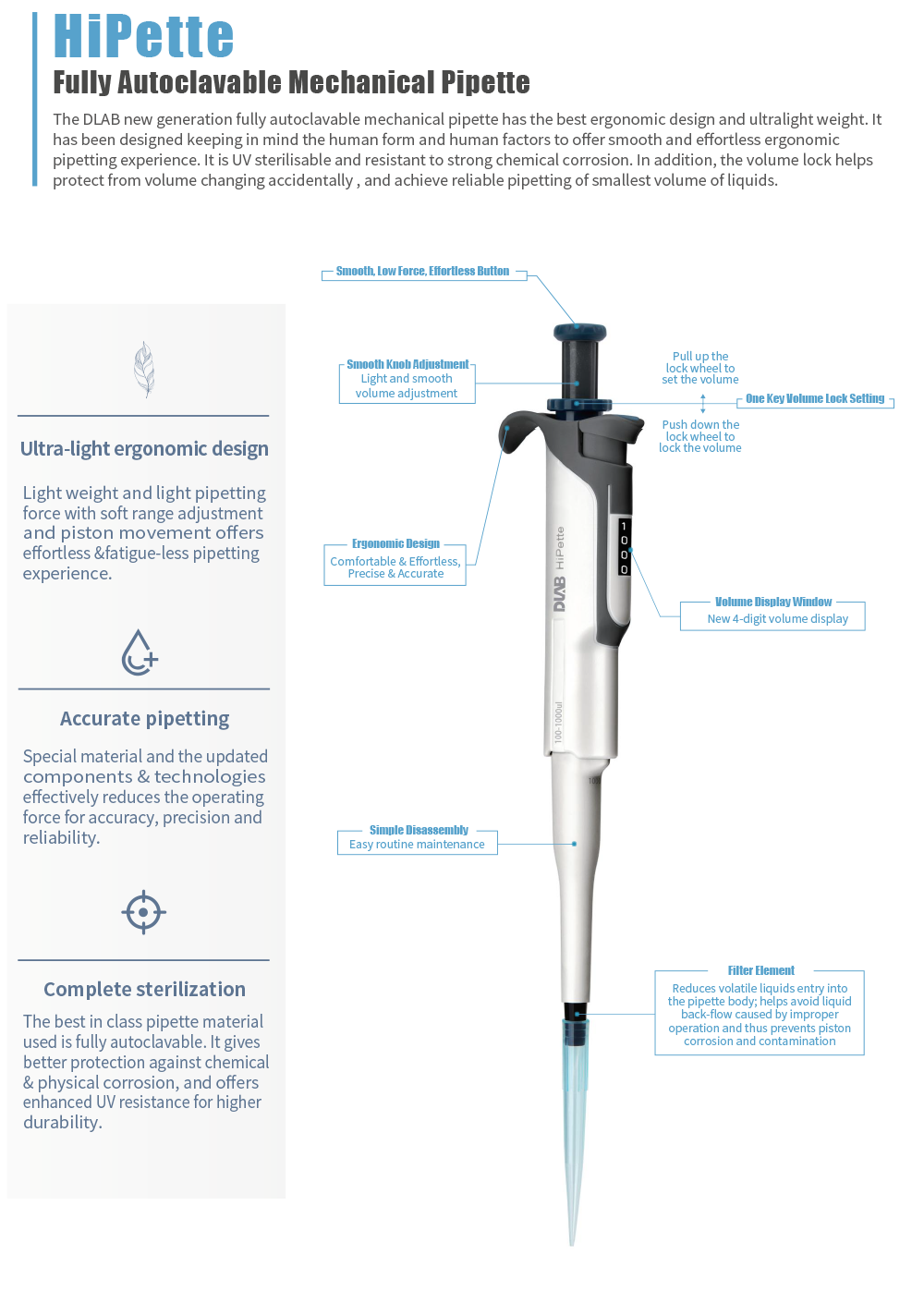 DLAB HiPette Colorful Fully 5-50 μL Ayarlanabilir Otomatik Pipet