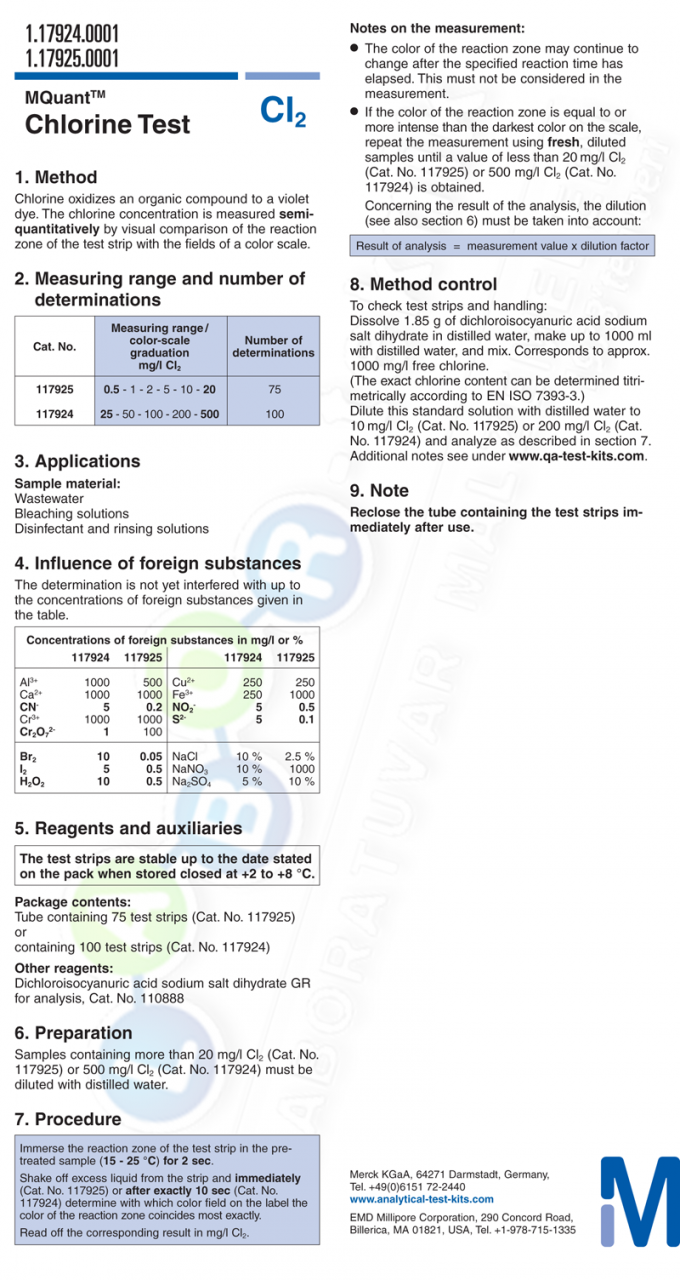MERCK 117925 Klor Testi Kolorimetrik 0 - 0.5 - 1 - 2 - 5 - 10 - 20 mg/l ...