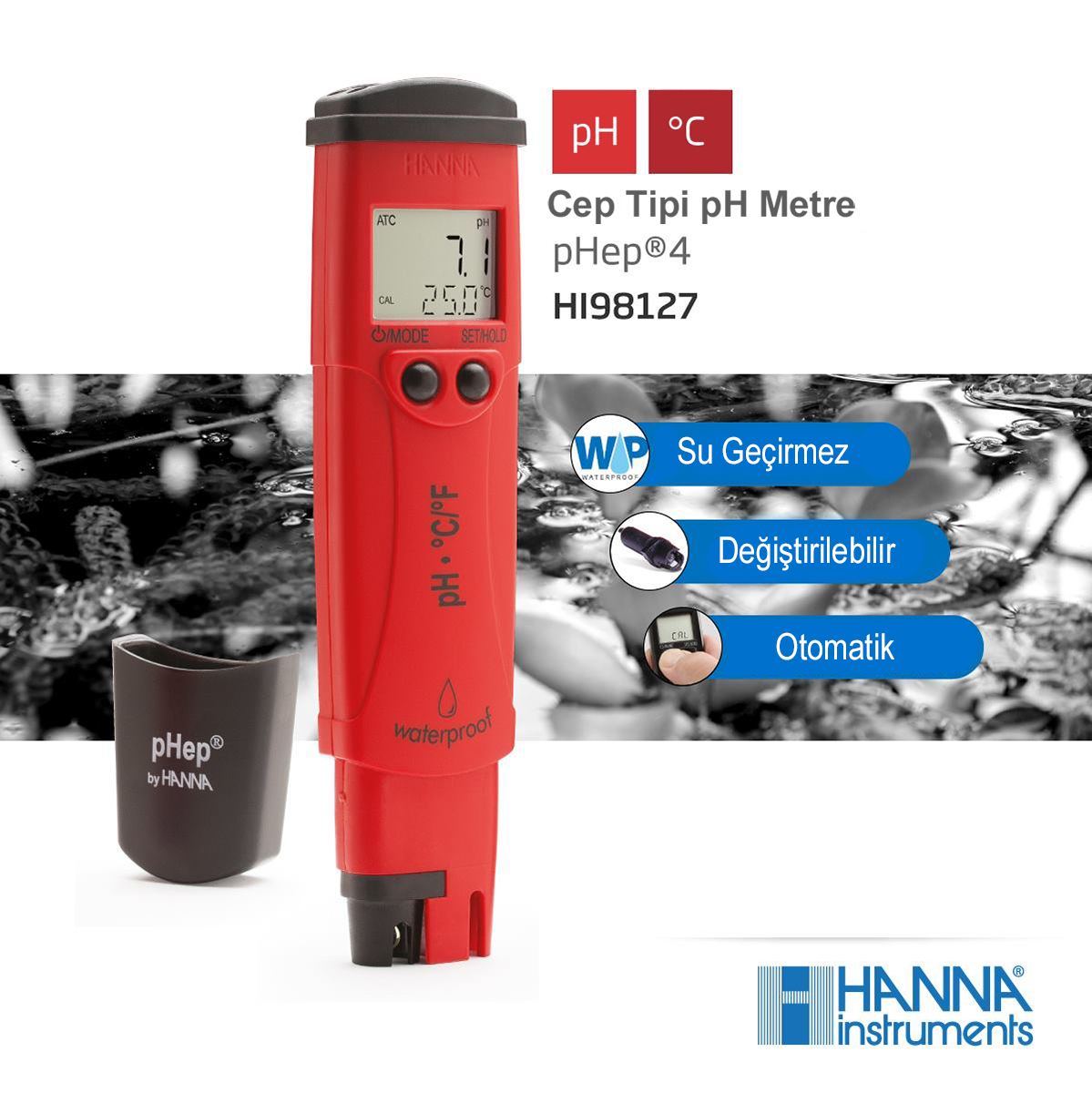 HANNA pHep®4 HI 98127 Cep Tipi pH Metre Waterproof -2.0... 16.0 pH