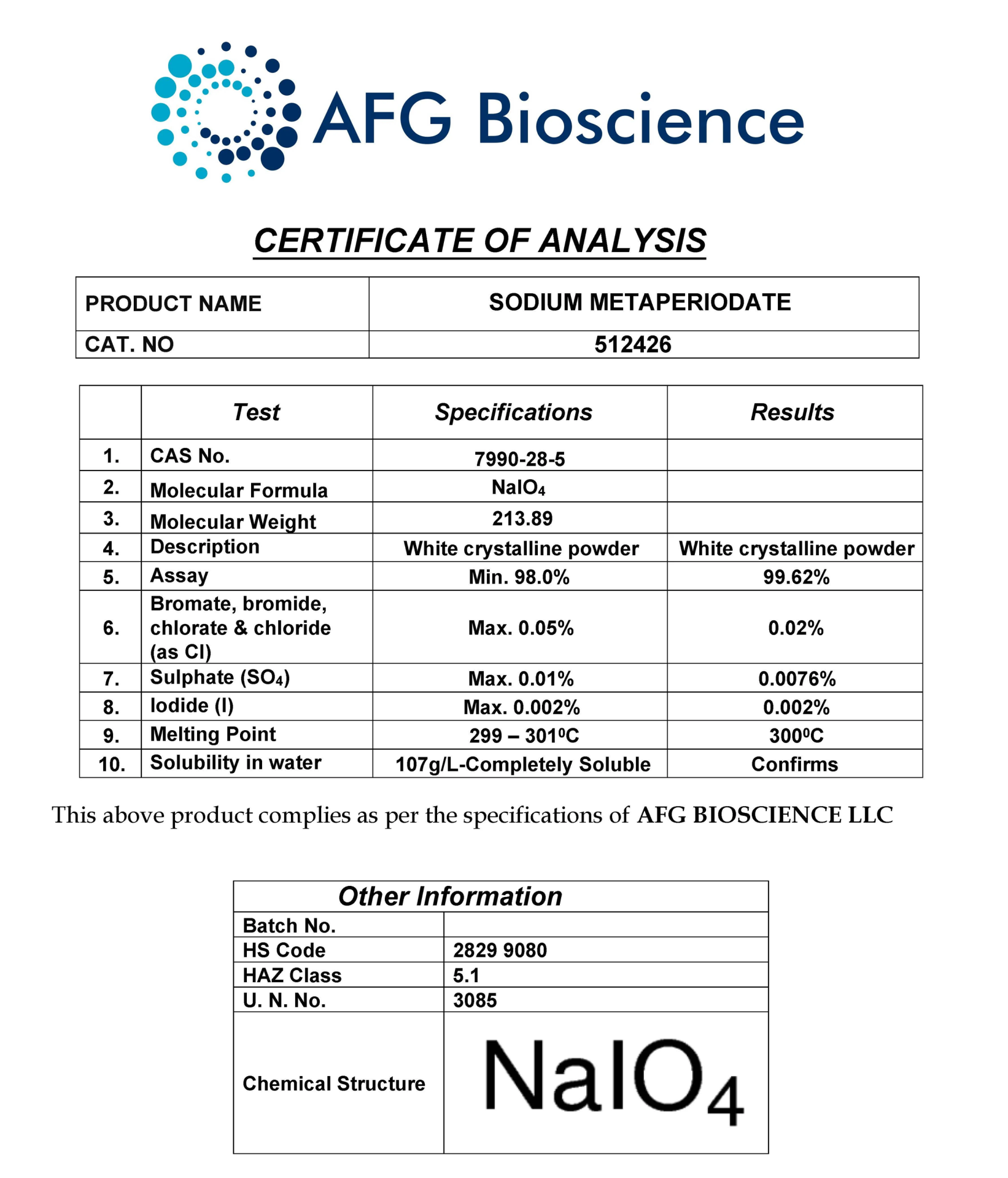 AFG Scientific 234090 Sodium Sulfate Anhydrous ACS Reagent 100 kg