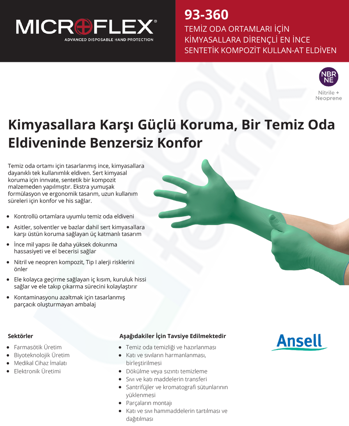 Ansell MICROFLEX® 93-360 Temiz Oda için Polikloropren Eldiven S