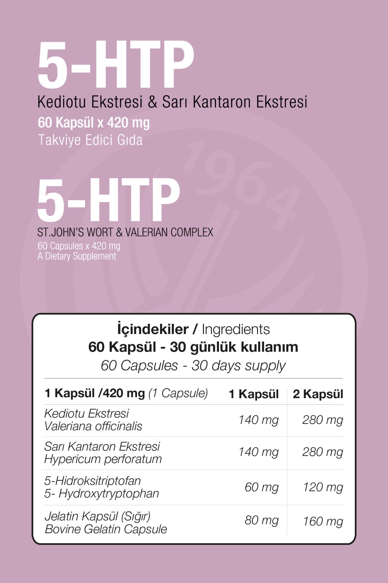 5-HTP 5-Hydroxytryptophan Extract Kapsül 60 x 350 mg Ekstresi