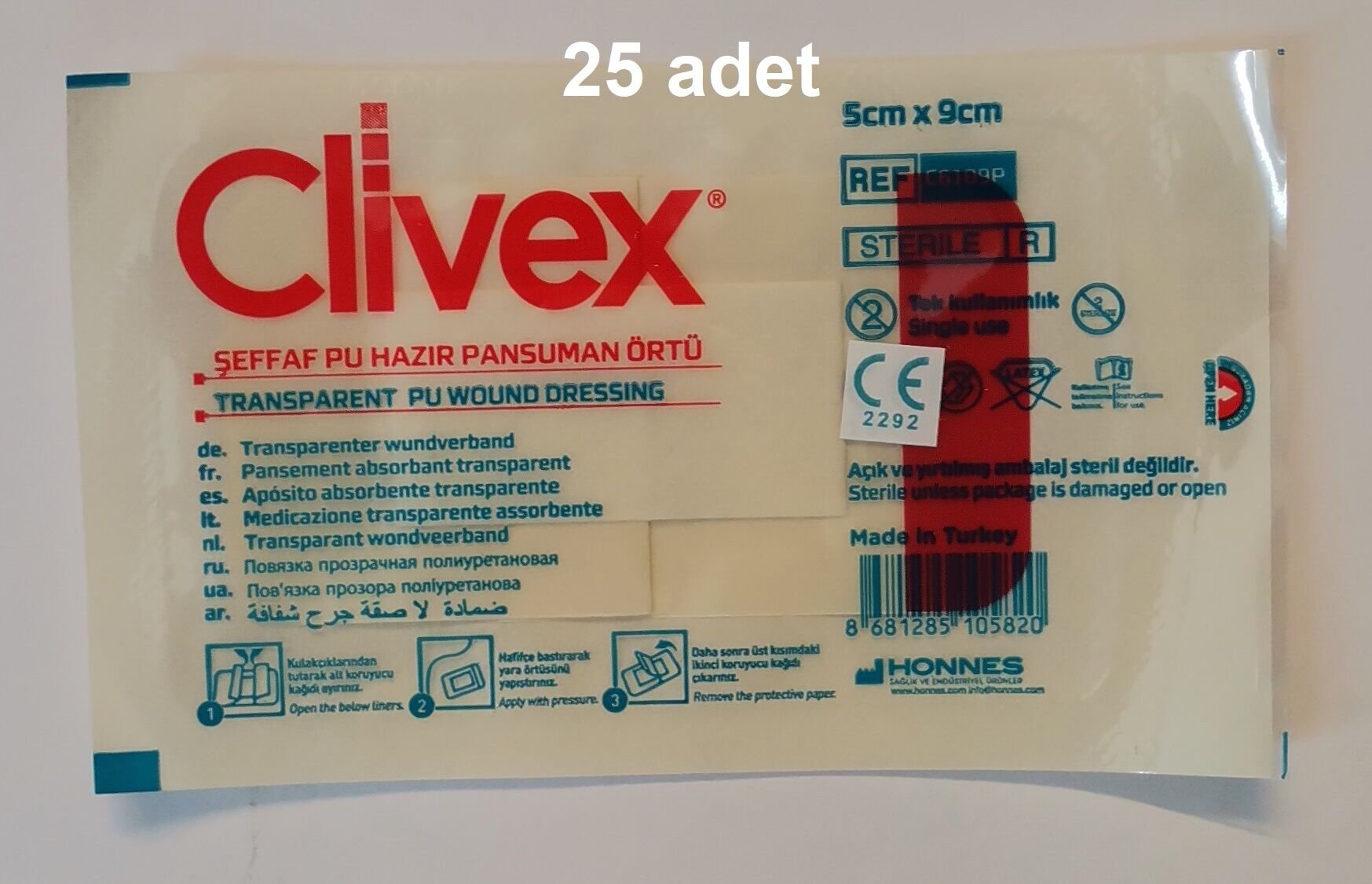Clivex 9 x 5 cm Steril Hazır Pansuman Yara Örtüsü 25 Adet PU Su ...