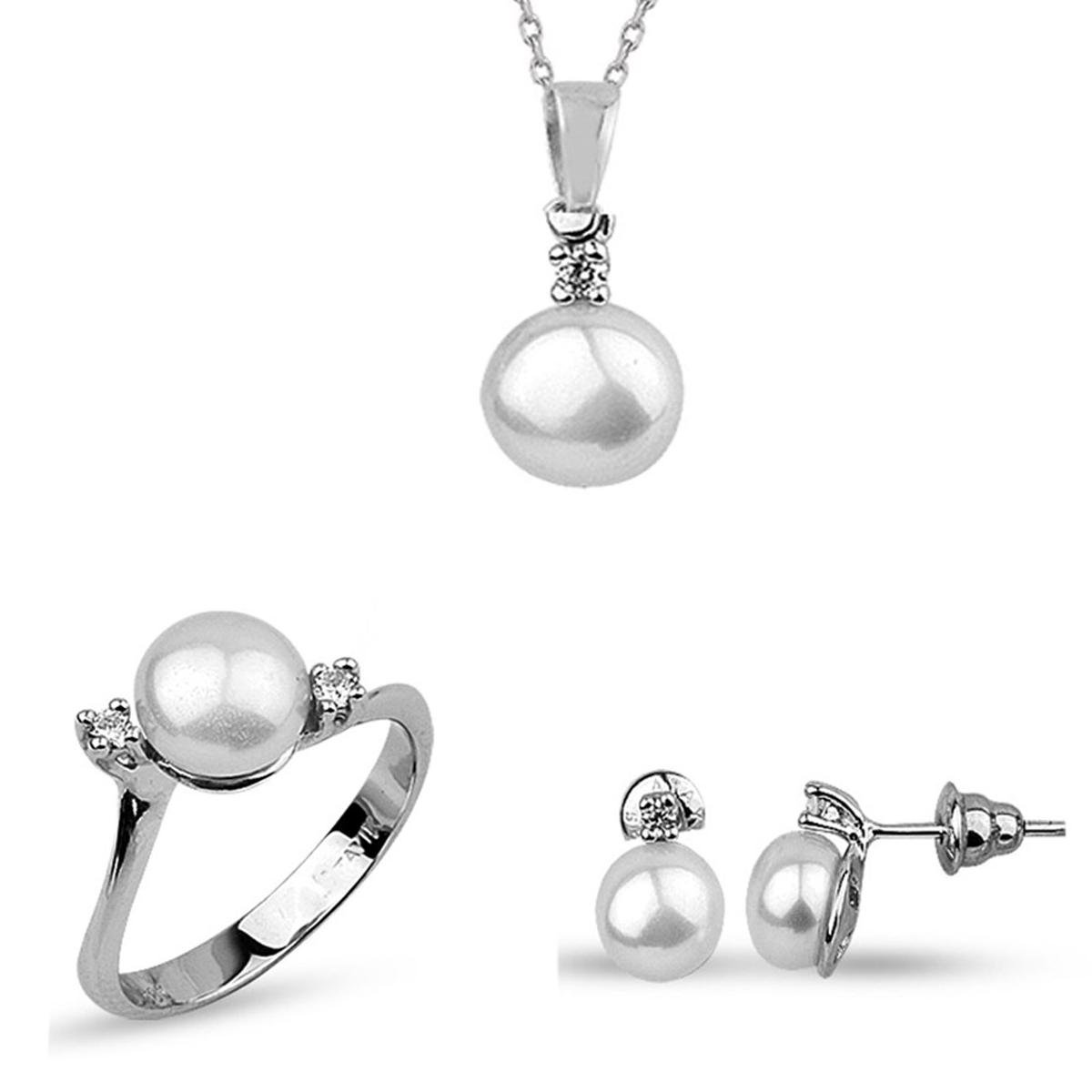 Piu Tektaş İncili 3`lü Altın Set ｜ Bilezikci 3'lü İncili Setler