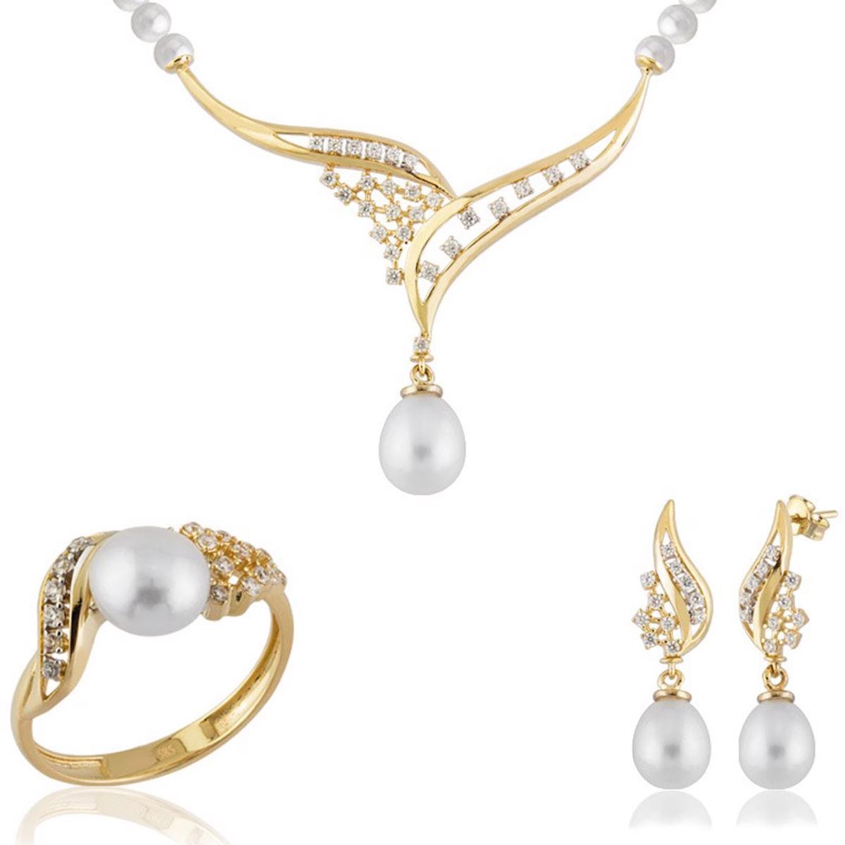 Trieste İncili Altın Gelin Takı Seti ｜ Bilezikci İncili Takı Setleri