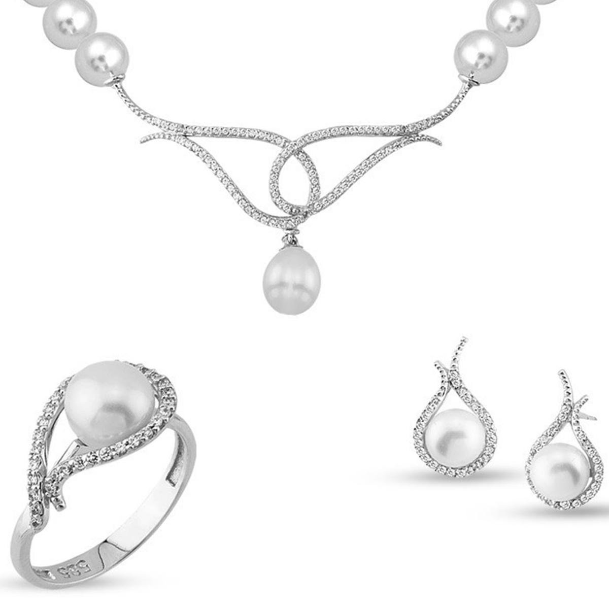 Damla İncili Beyaz Altın Gelin Seti ｜ Bilezikci İncili Takı Setleri