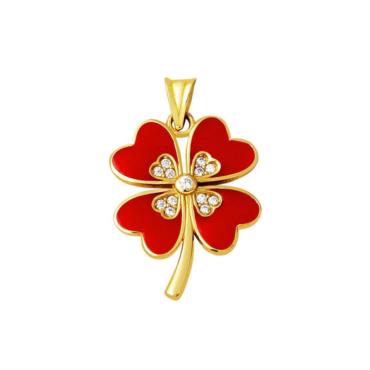 Kırmızı Mineli Yonca 14 Ayar Altın Kolye Ucu ｜ Bilezikci Kolye Uçları